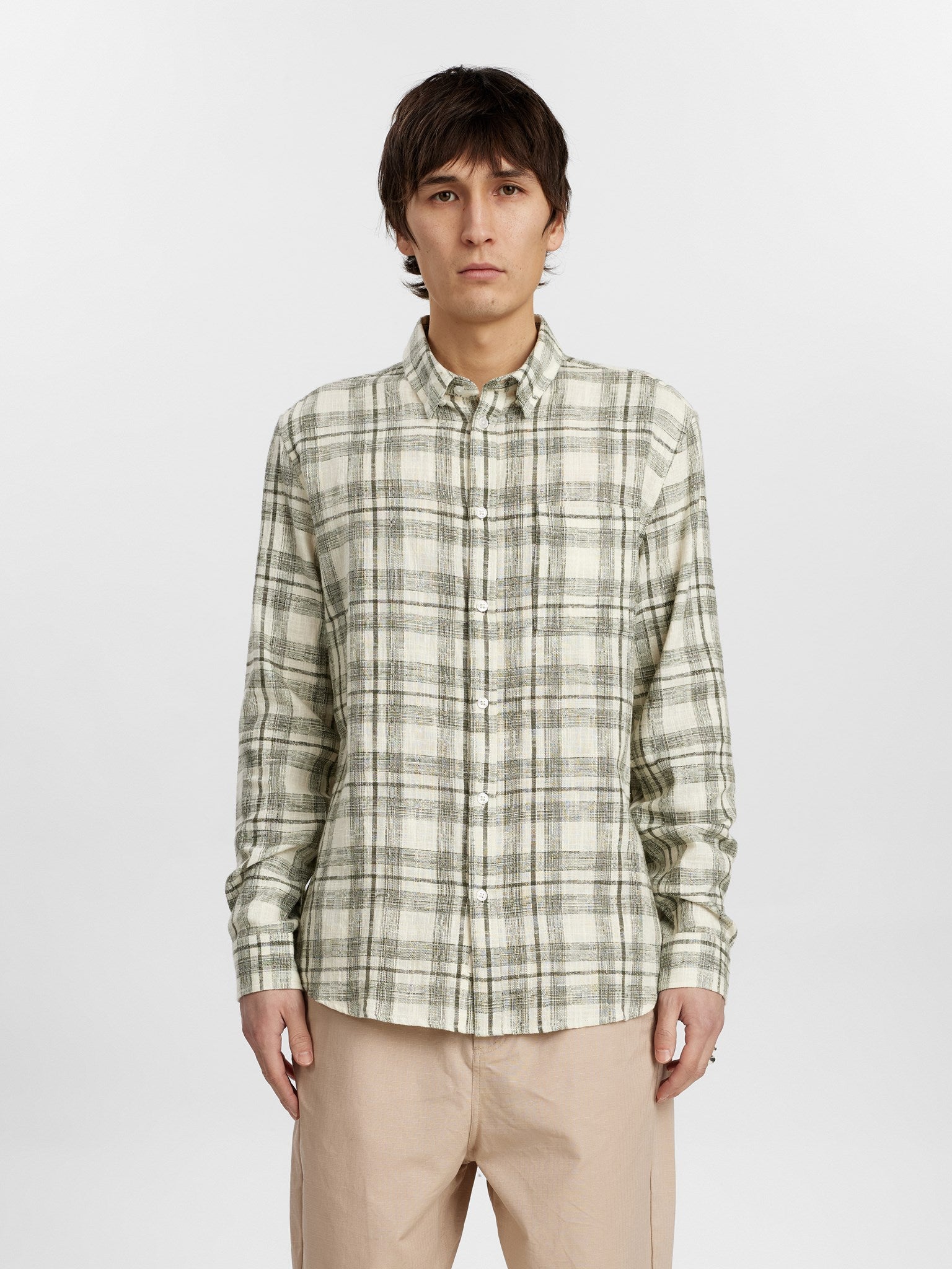 AKLEIF COT/LIN CHECK SHIRT - Deep Lichen Green